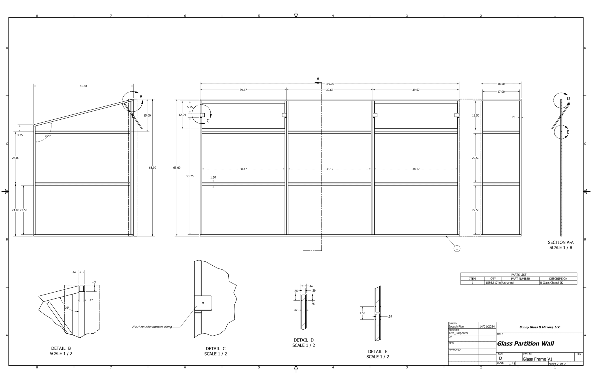 Custom Glass Partition Frame - FineLine Millwork Drawings
